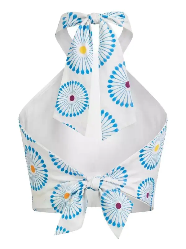 CALA DE LA CRUZ Floral Print Halterneck Cropped Top - White