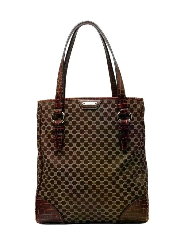 Celine Macadam Canvas Tote Bag With Croc-embossed Leather Trim - Brown