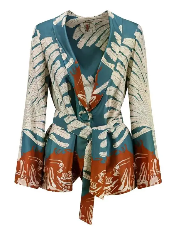 BYE FIRENZE Palma Leaf-print Belted Blazer - Blue