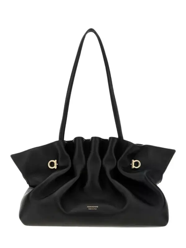 FERRAGAMO Gancini Ruched Shoulder Bag - Black