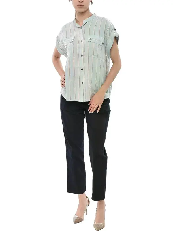 Woolrich Striped Band Collar Short Sleeve Shirt - Blue