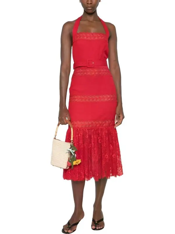 SELF-PORTRAIT Lace-panelled Belted Midi Dress - Red