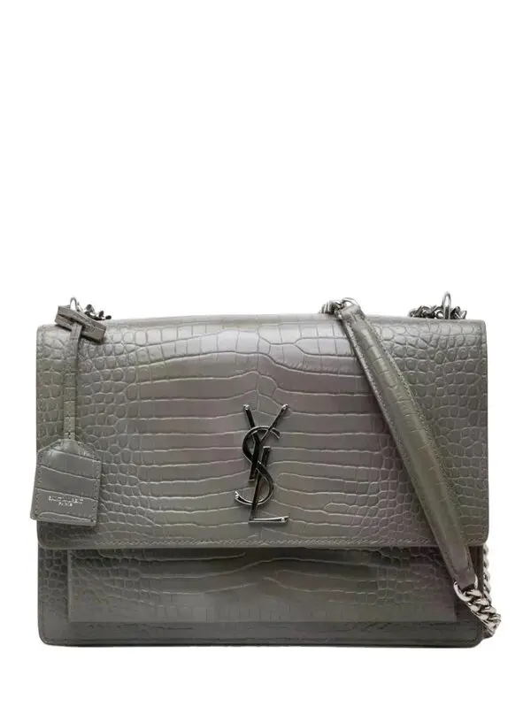 Saint Laurent Large Croc Embossed Leather Monogram Sunset Crossbody Bag - Grey