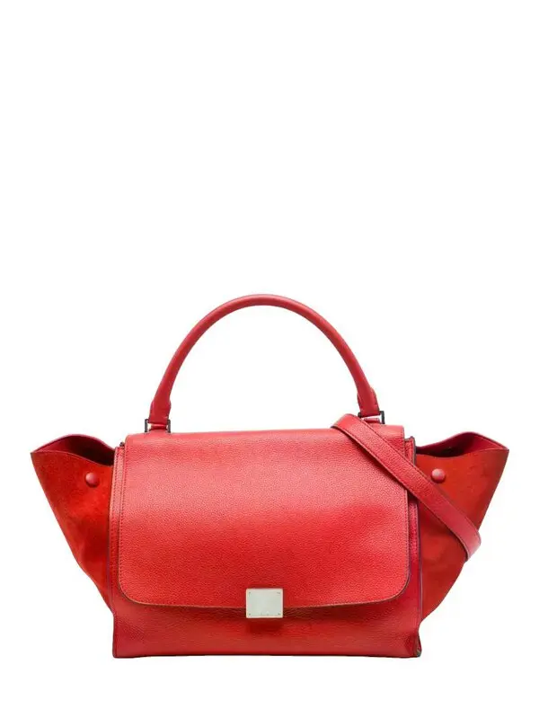 Celine Medium Drummed Calfskin And Suede Trapeze Satchel - Red
