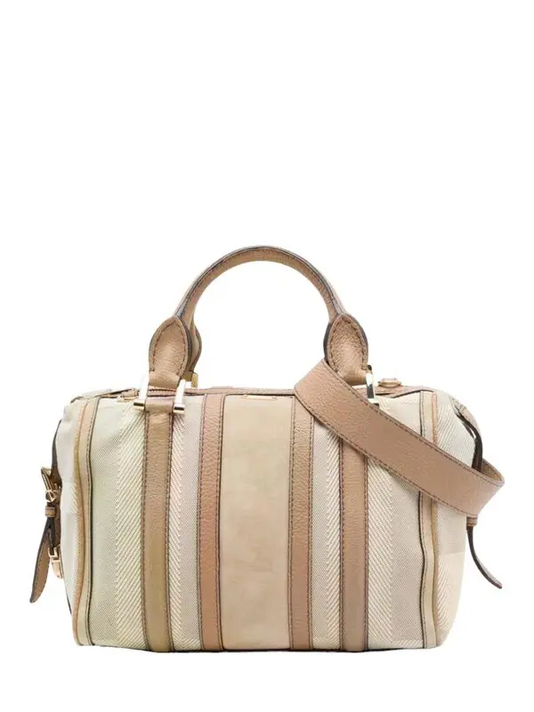 Burberry Suede Trimmed Canvas Bowling Bag Satchel - Brown
