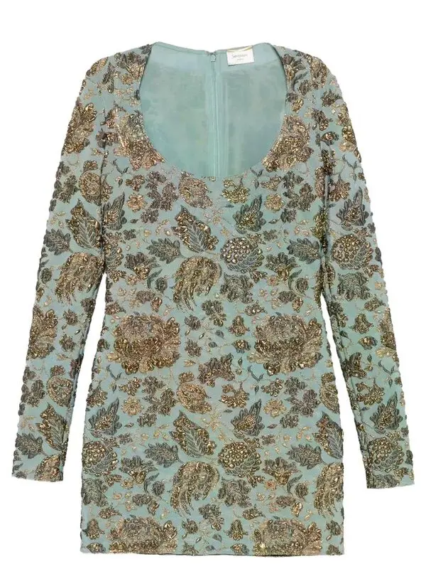 Saint Laurent Floral Brocade Mini Dress - Blue