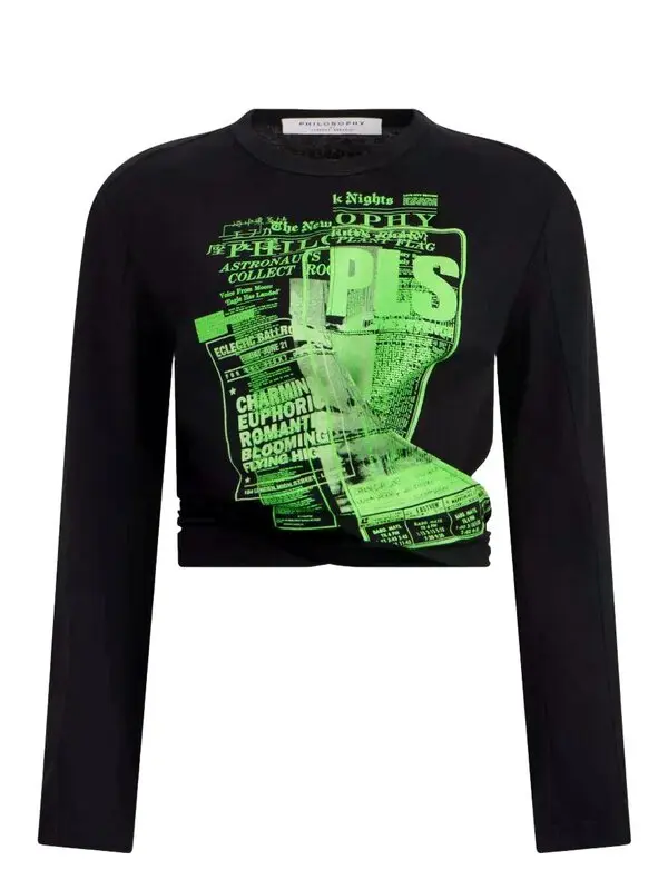 Philosophy Di Lorenzo Serafini Cotton Graphic Print Cropped T-shirt With Rear Tie Fastening - Black