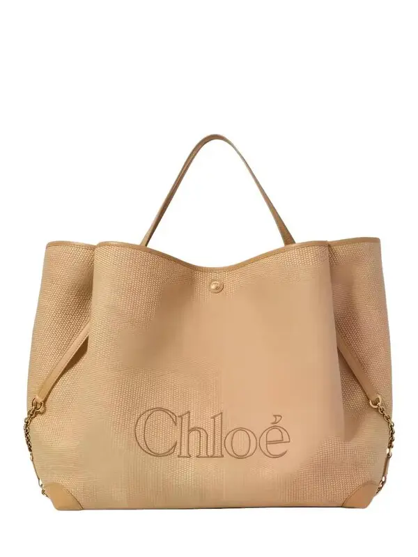 Chloé Large Clover Double Carry Bag In Raffia-effect Fibers - Neutrals