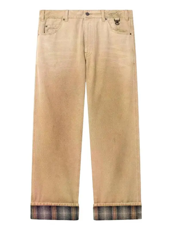 GOLDEN GOOSE Gradient Beige Cotton Pants With Check Detail - Neutrals