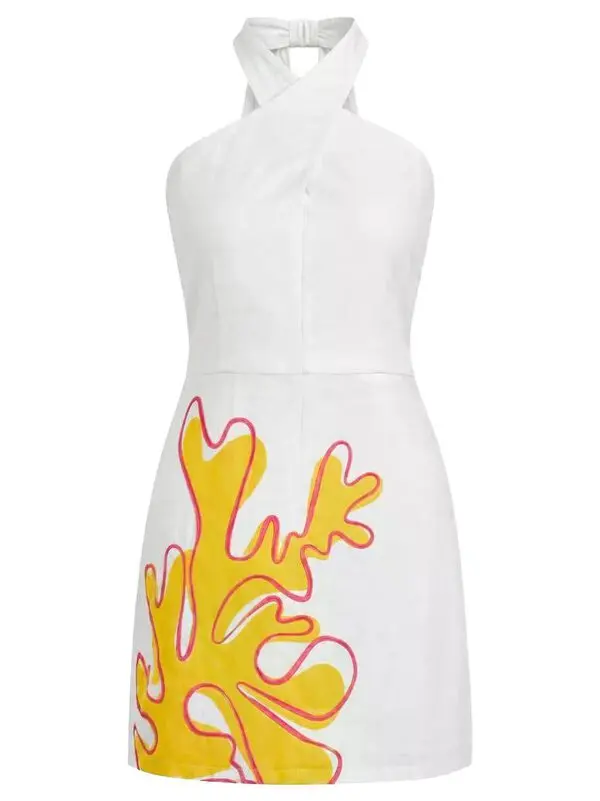 CALA DE LA CRUZ Coral Print Halterneck Mini Dress - White