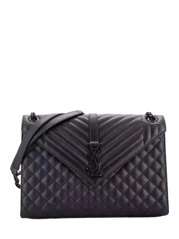 Saint Laurent Classic Monogram Envelope Satchel Mixed Matelasse Leather Large Shoulder Bag - Black