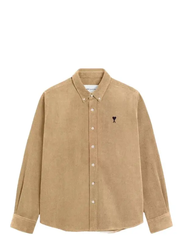 AMI Paris Beige Corduroy Shirt With De Coeur - Neutrals