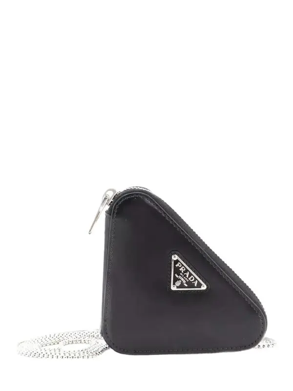 Prada Brushed Leather Triangle Pouch Mini Crossbody Bag With Chain - Black