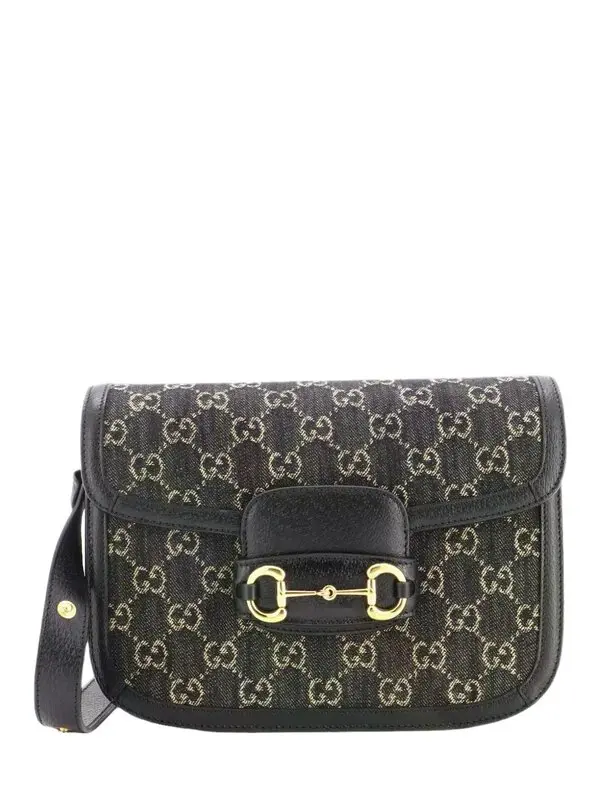 Gucci Horsebit 1955 Gg Denim Small Shoulder Bag - Black