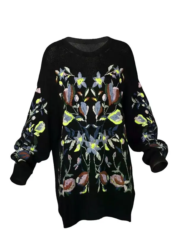 Valentino Garavani Floral Embroidered Crew Neck Long Sleeve Sweater - Black