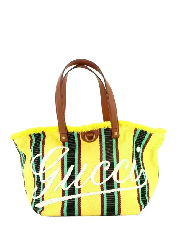 Gucci Script Open Embroidered Stripe Canvas With Leather Medium Tote Bag - Multicolour