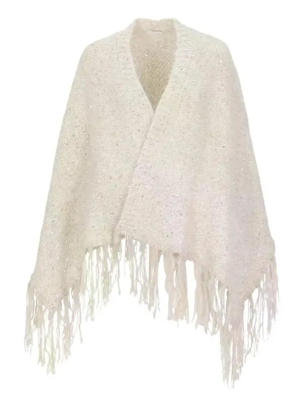 Peserico Sequin-embellished Fringed Cape - White