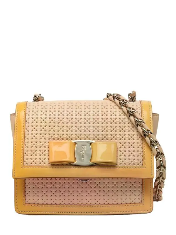 FERRAGAMO Patent Trimmed Perforated Leather Vara Ginny Crossbody Bag - Neutrals