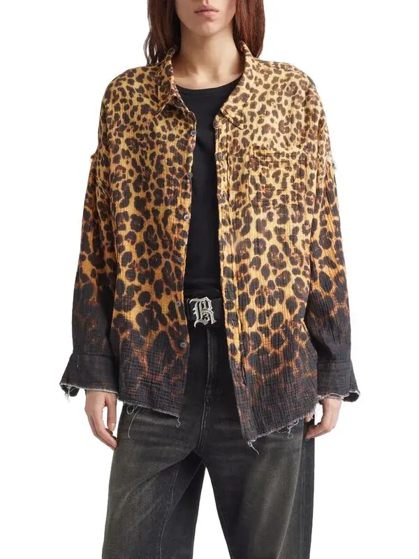 R13 Oversized Leopard Print Distressed Cotton Gauze Shirt - Dipped Brown Leopard