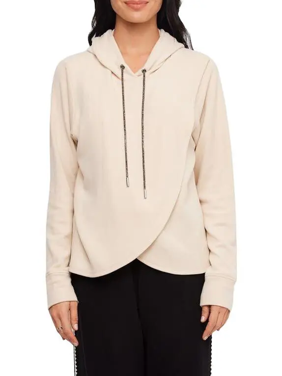 Karen Kane Rhinestone Drawstring Crossover Hoodie - Ecru