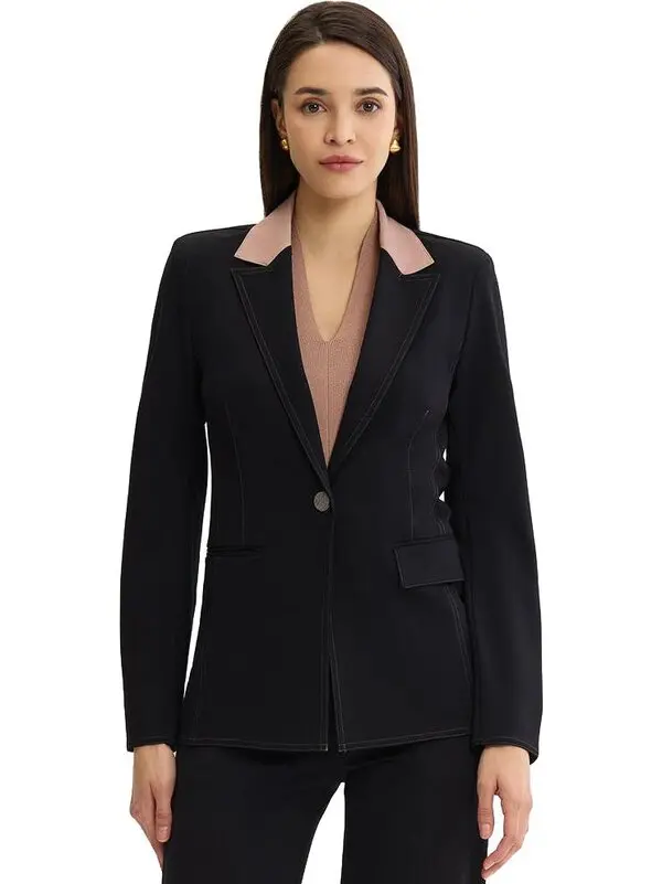 Misook Tailored Luxestretch Contrast Stitch Blazer - Black/charmeuse
