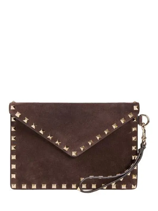 Valentino Garavani Medium Rockstud Suede Wristlet Envelope Pouch - Brown