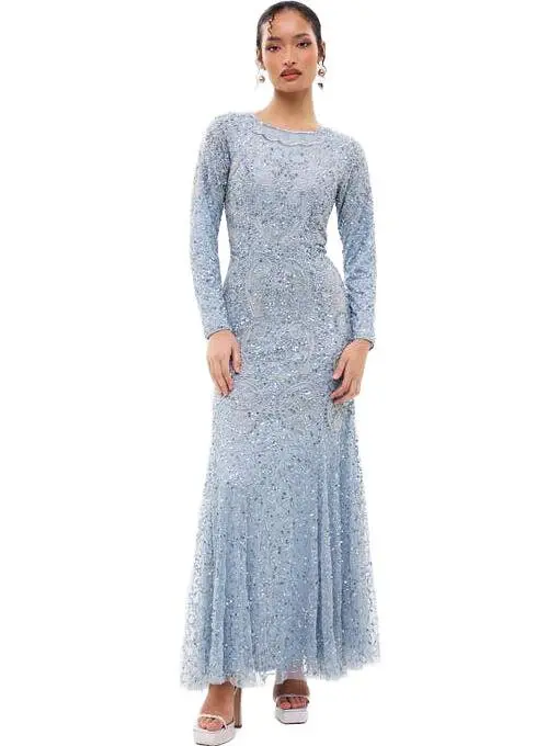 MARYISA Embellished Sequined Fitted Maxi Dress - Blue