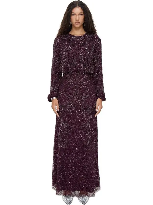 MARYISA Embellished Sequin Maxi Dress With Full Sleeves - Mauve