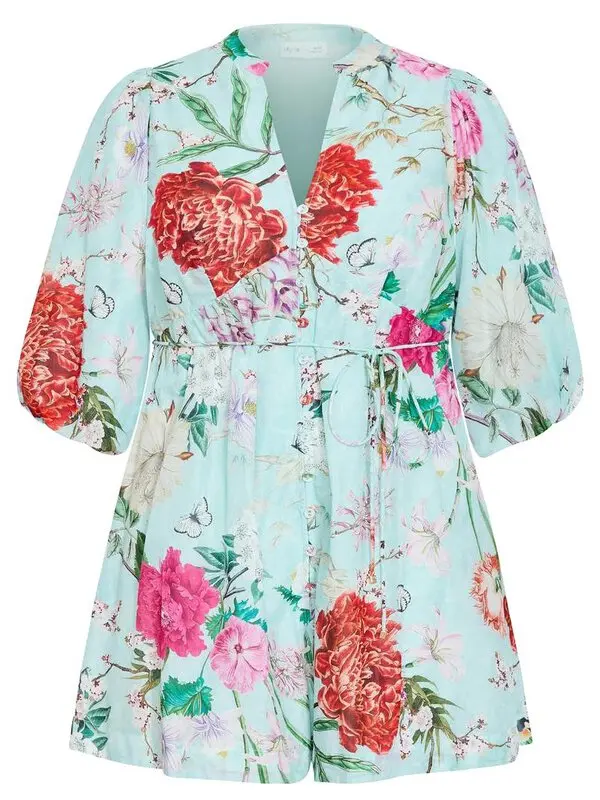 City Chic Flora Print Cotton Minidress - Mint Flora