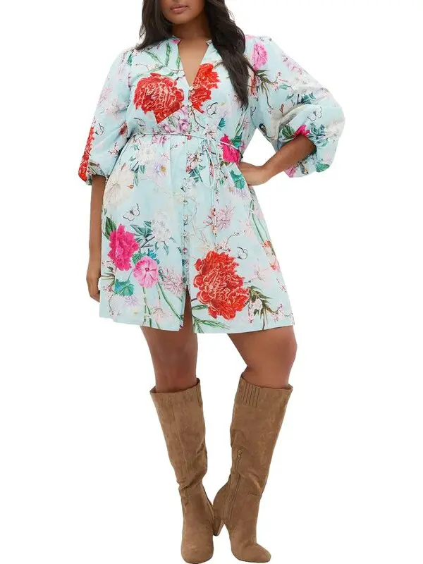 City Chic Flora Print Cotton Minidress - Mint Flora