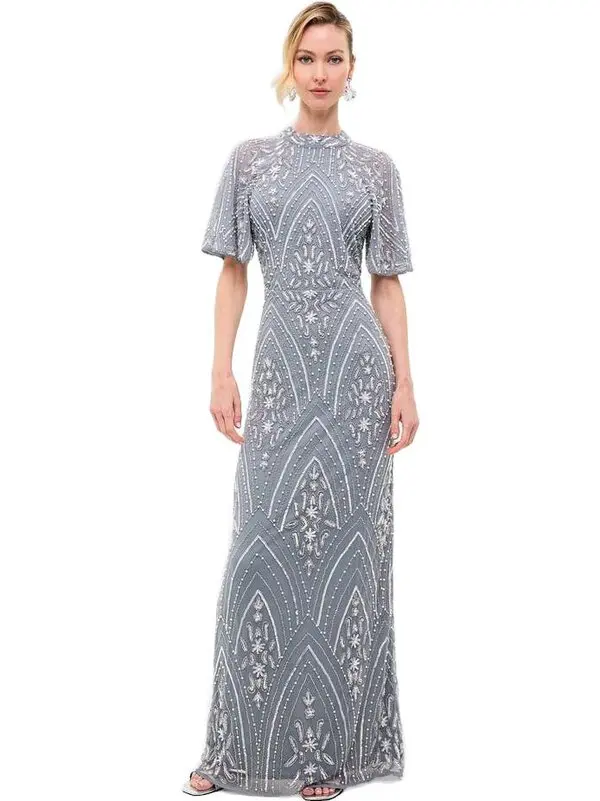 BEAUUT Embellished Sequins High Neck Gown - Misty Grey