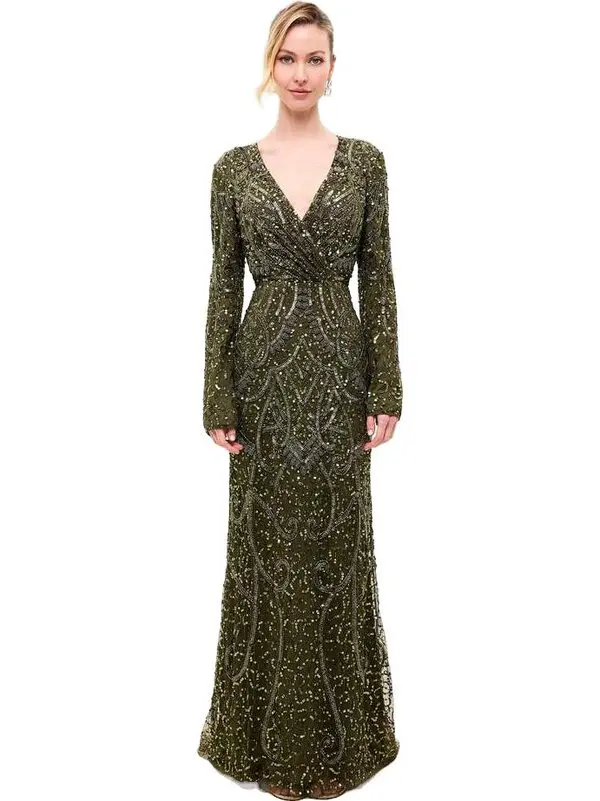 BEAUUT Embellished Sequin Geometric Gown - Olive