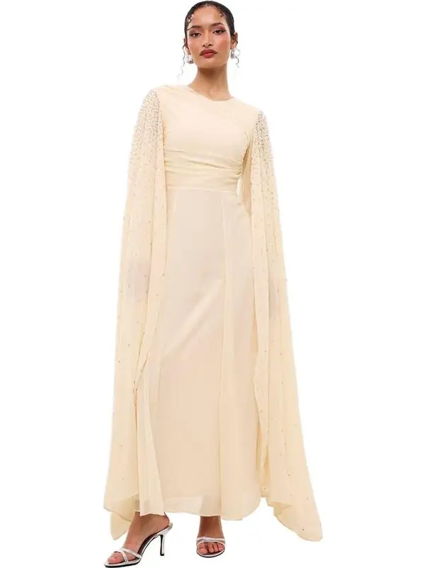 MARYISA Maxi Dress With Embellished Cape Sleeves - Cream