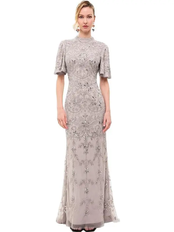 BEAUUT Embellished High Neck Gown - Grey