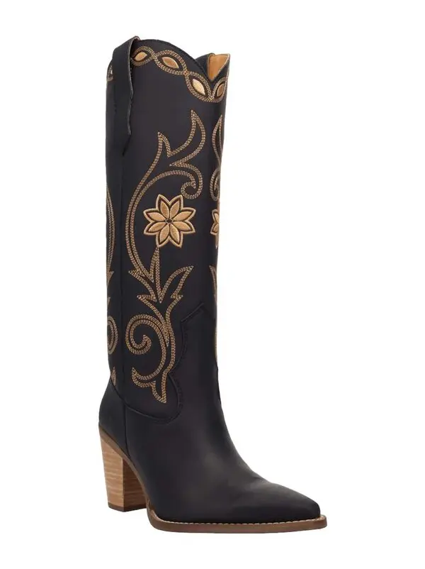 DINGO Miss Daisy Knee-high Western Boots With Floral Embroidery - Black