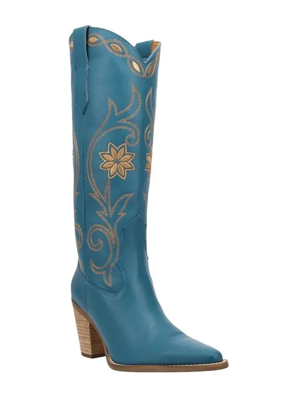 DINGO Miss Daisy Knee-high Western Boots With Floral Embroidery - Blue