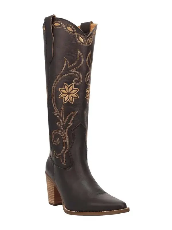 DINGO Miss Daisy Knee-high Western Boots With Floral Embroidery - Brown