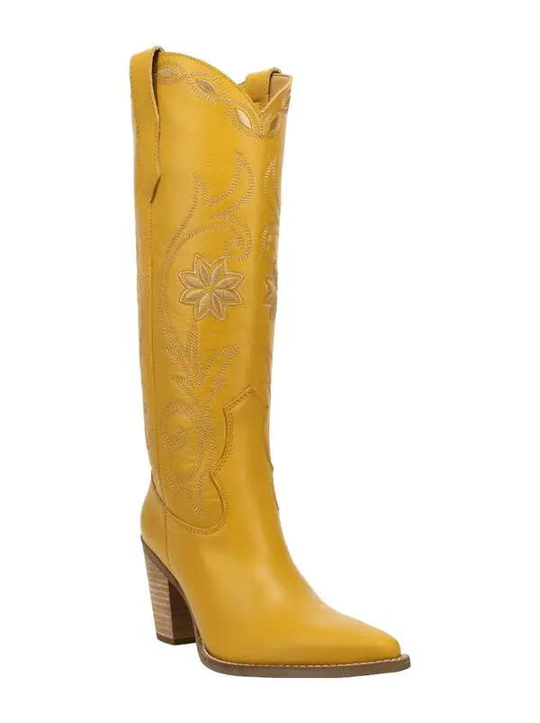 DINGO Miss Daisy Knee-high Western Boots With Floral Embroidery - Marigold