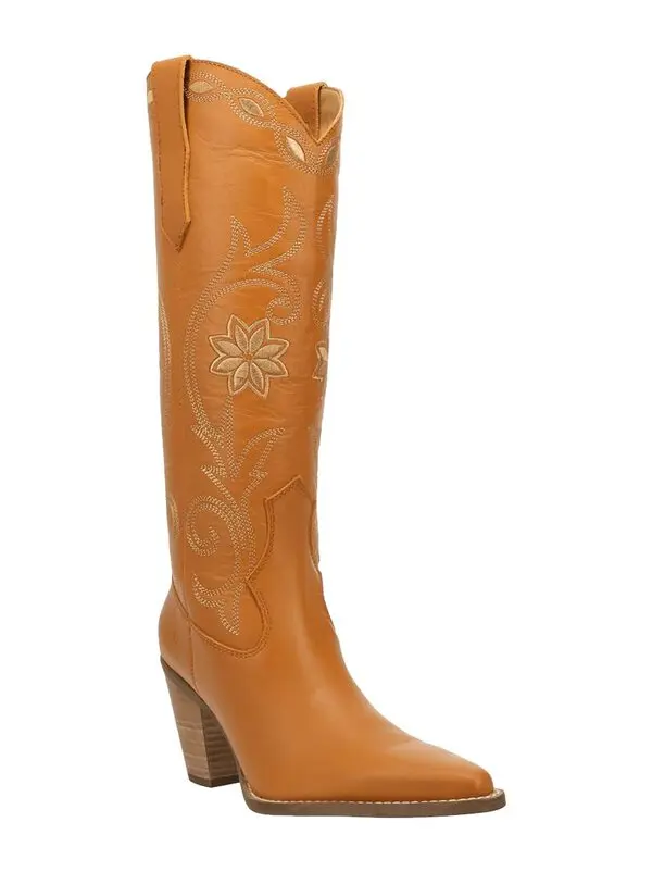 DINGO Miss Daisy Knee-high Western Boots With Floral Embroidery - Orange