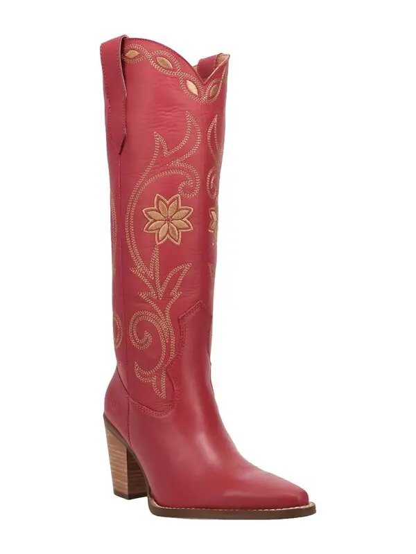 DINGO Miss Daisy Knee-high Western Boots With Floral Embroidery - Pink