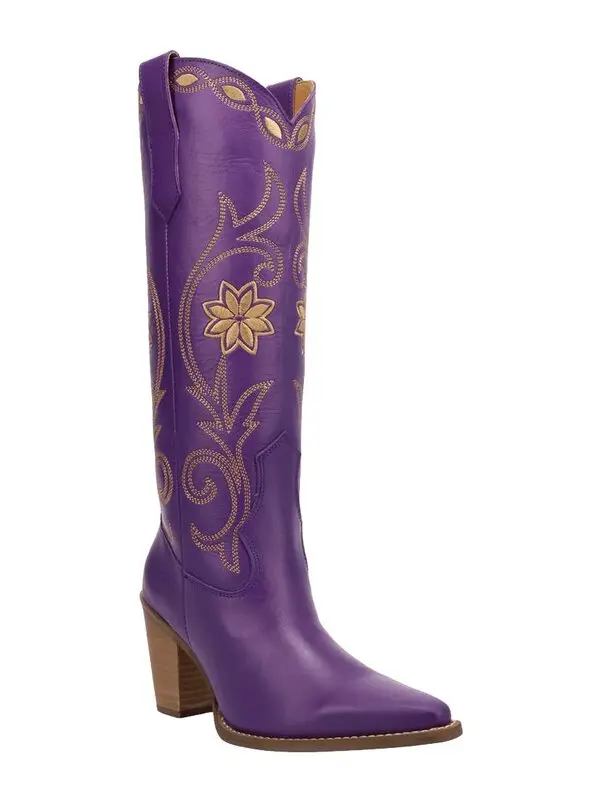 DINGO Miss Daisy Knee-high Western Boots With Floral Embroidery - Purple