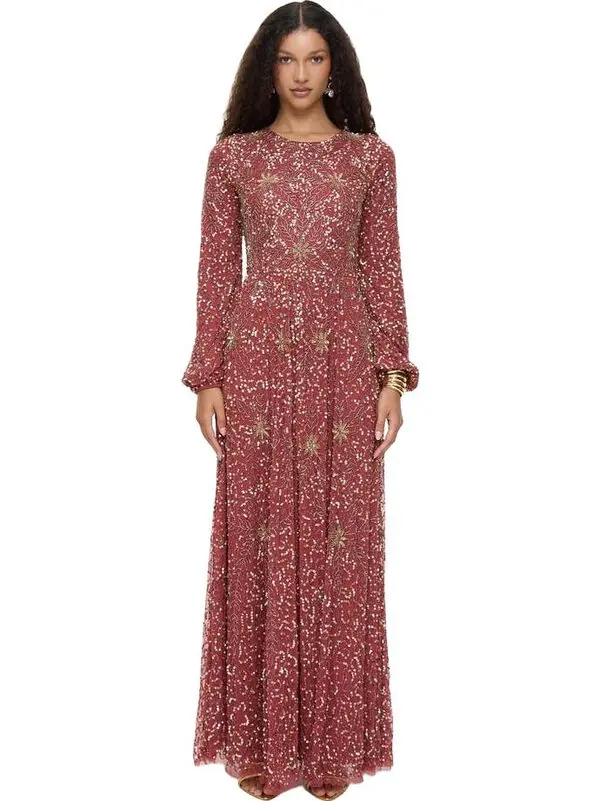 MARYISA Embellished Sequined A-line Maxi Dress - Rust