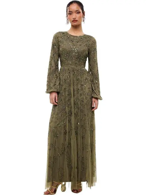 MARYISA Embellished Sequined A-line Maxi Dress - Khaki