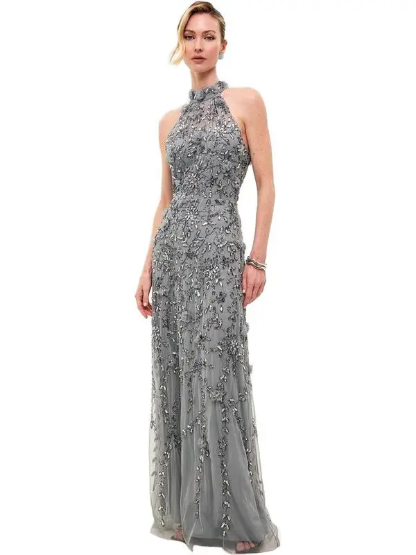 BEAUUT Embellished Sequins Halter Neck Maxi Dress - Misty Green