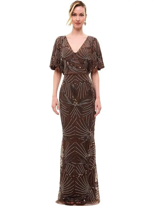 BEAUUT Embellished Sequin V-neck Gown - Chocolate
