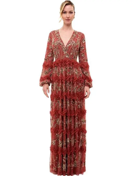BEAUUT Embellished Sequined Maxi Ruffle Dress - Rust