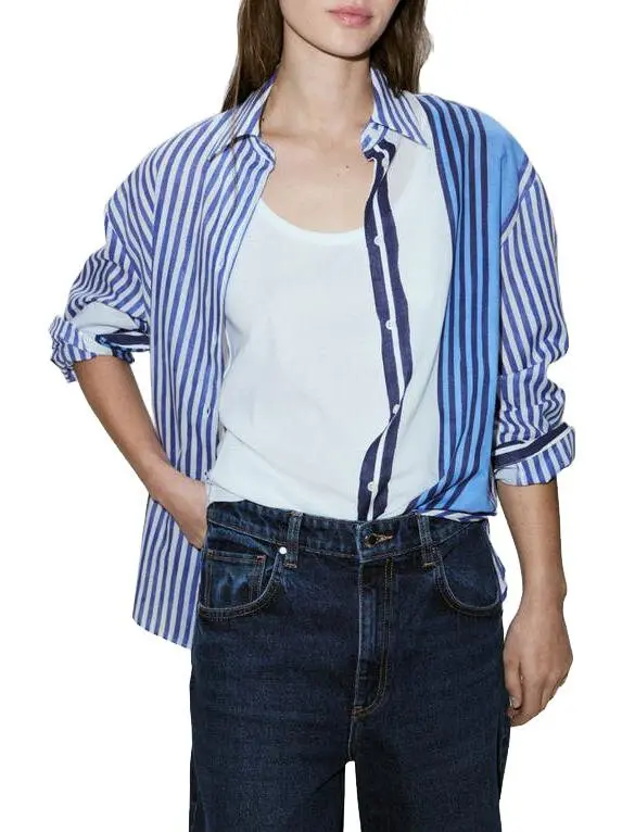 Mango Striped Cotton Button-up Shirt - Blue