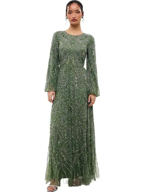 MARYISA Embellished Sequin A-line Maxi Gown - Dark Green