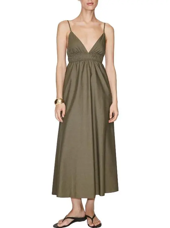 Mango V-neck Shirred Lyocell Blend Midi Dress - Green