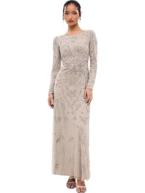 MARYISA Embellished Sequin Maxi Dress - Grey